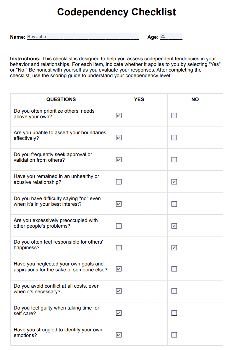 Codependency Checklist & Example | Free PDF Download